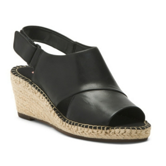 Clarks | Shoes | Clarks Sandals Black Leather Slingbacks Wedges | Poshmark